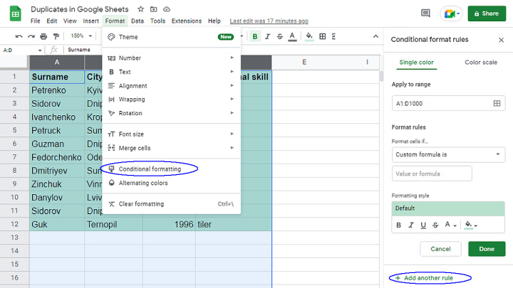 Finding Duplicates In Google Sheets